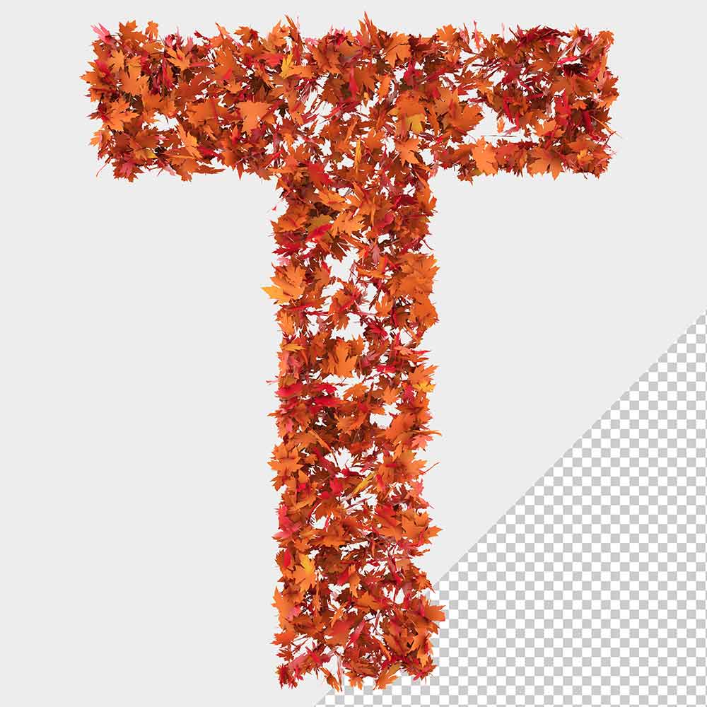 فایل فتوشاپ لایه باز سه بعدی حرف انگلیسی T با برگ های پاییزی - GFXtreme